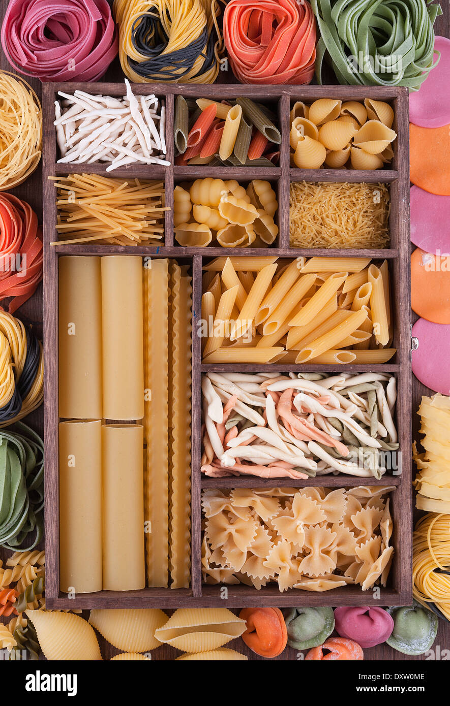 Large set of various Italian pasta and multicolor. Top view Stock Photo ...