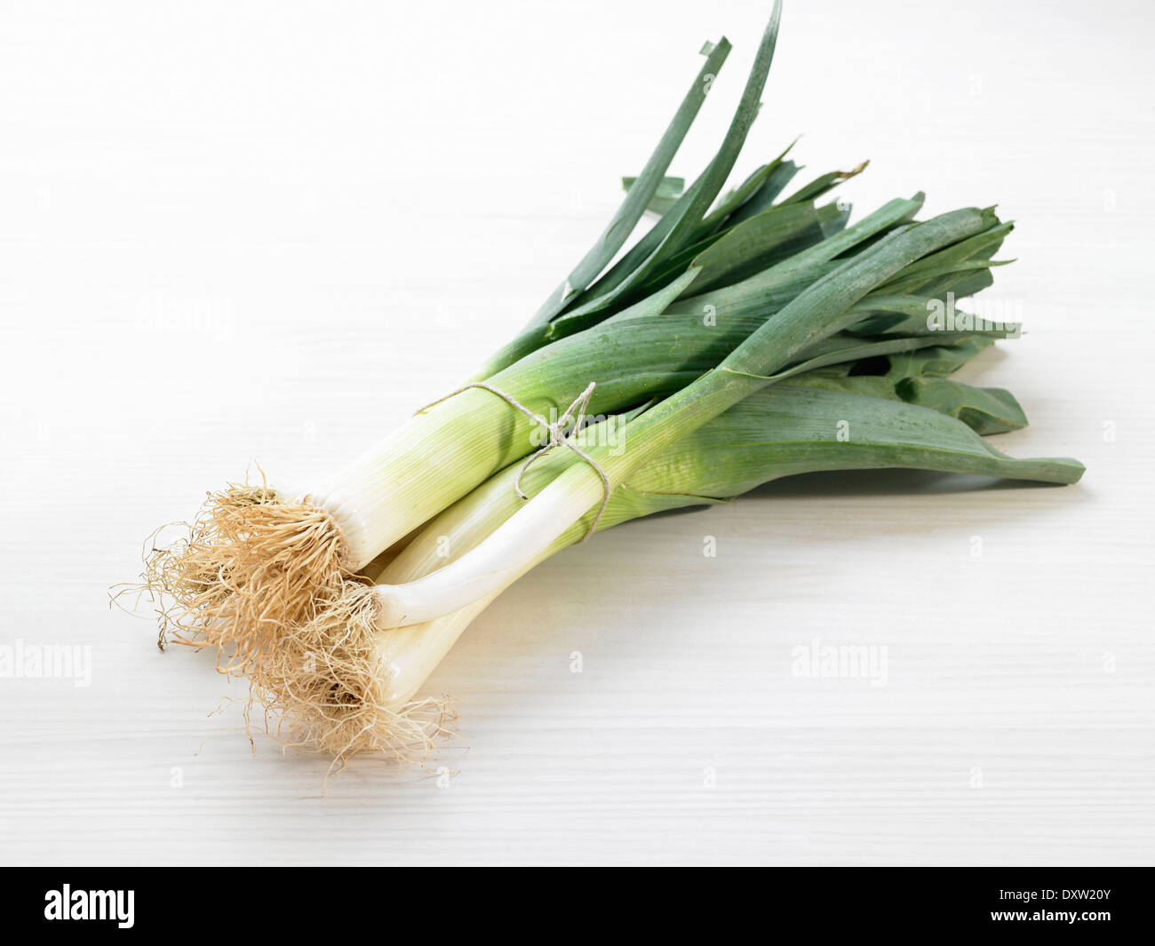 Leeks on a white background Stock Photo - Alamy