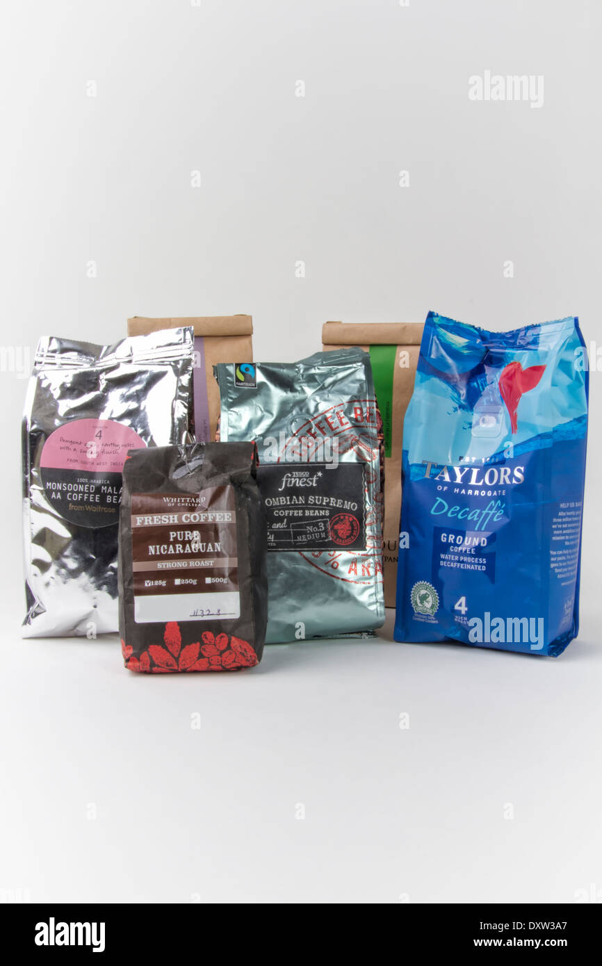 Selection of bagged coffee beans and ground coffee Stock Photo - Alamy