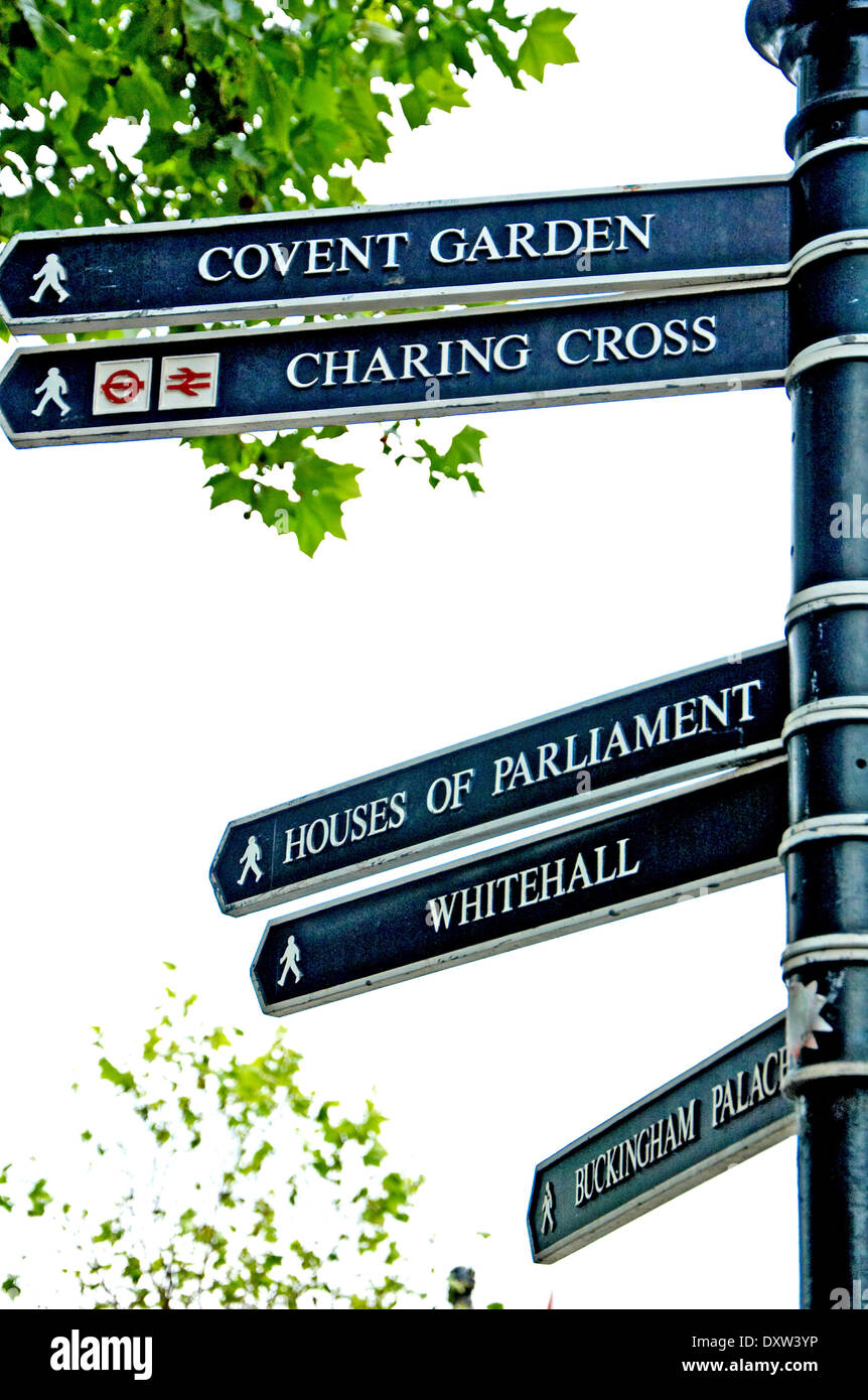 Ornate direction sign in Central London, pointing to various tourist ...