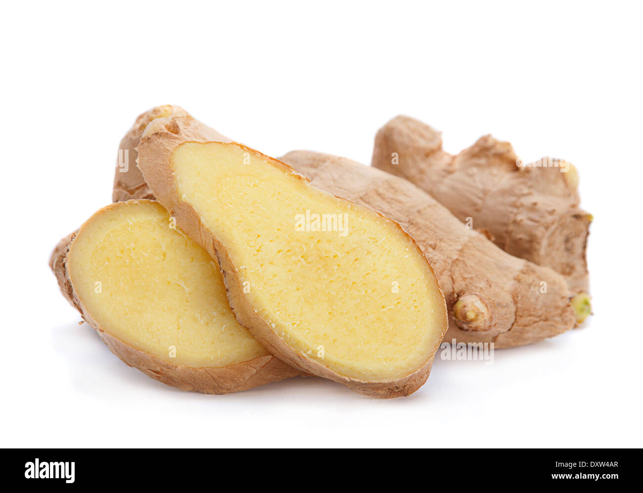 Ginger root with slice closeup isolated on white Stock Photo - Alamy
