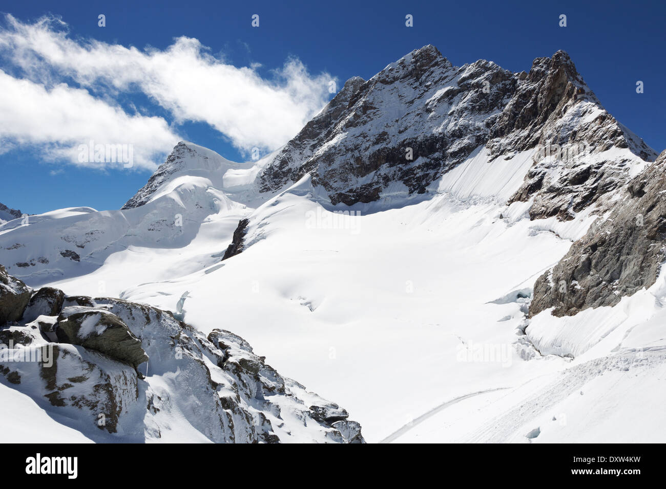 Jungfrau peak in the Aletsch glacier in Swiss Alps view from ...