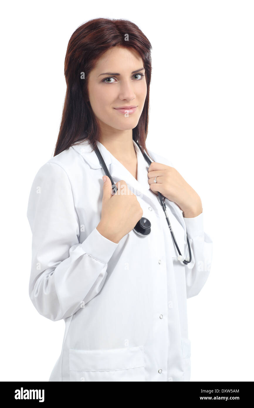Beautiful female doctor posing standing isolated on a white background ...