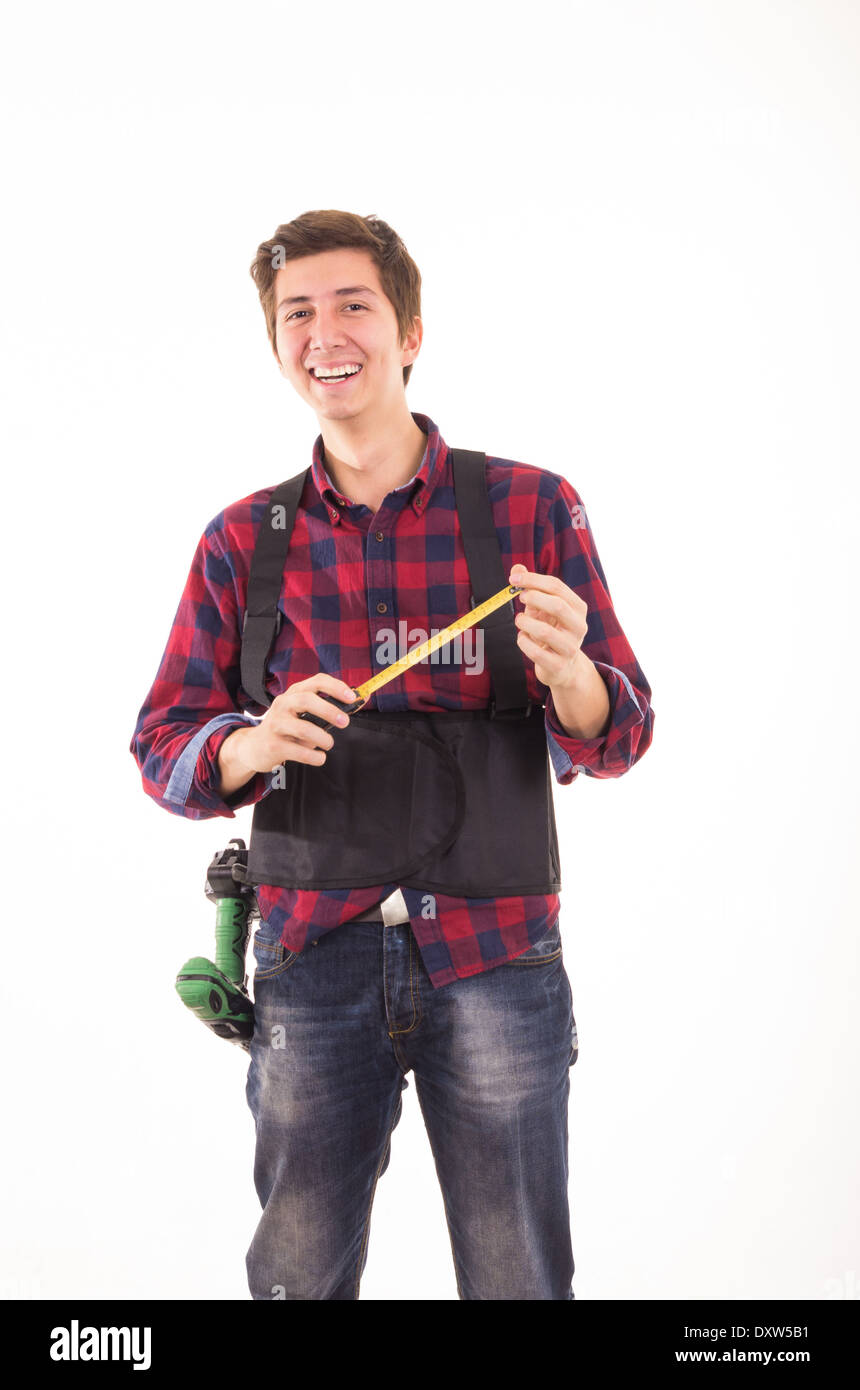 man with measuring tape handyman on white background Stock Photo - Alamy