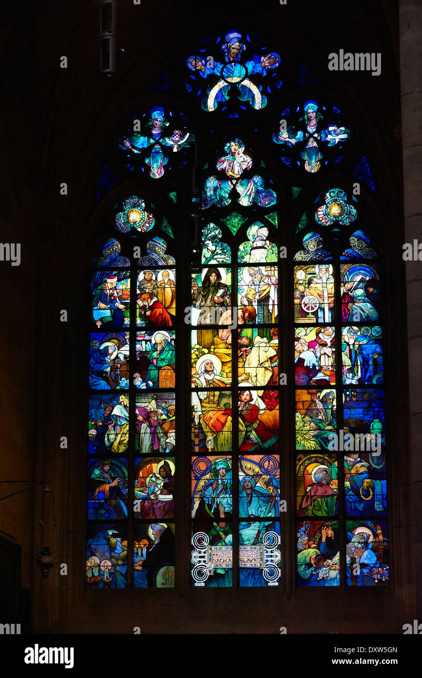 Stained glass window of Art Nouveau artist Alfons Mucha, St. Vitus ...