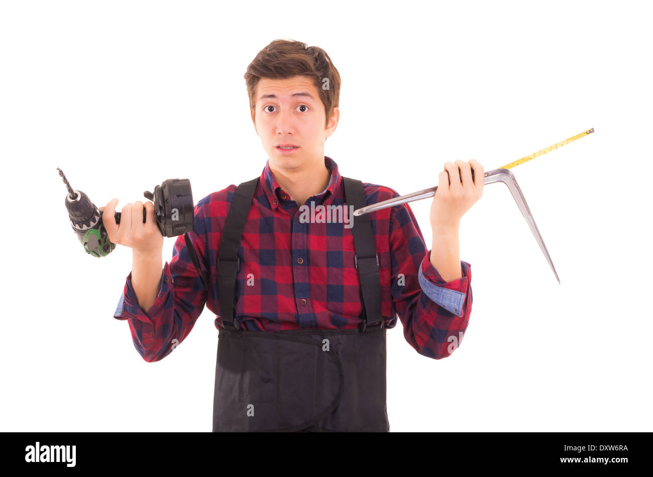 clueless man with powertools Stock Photo - Alamy