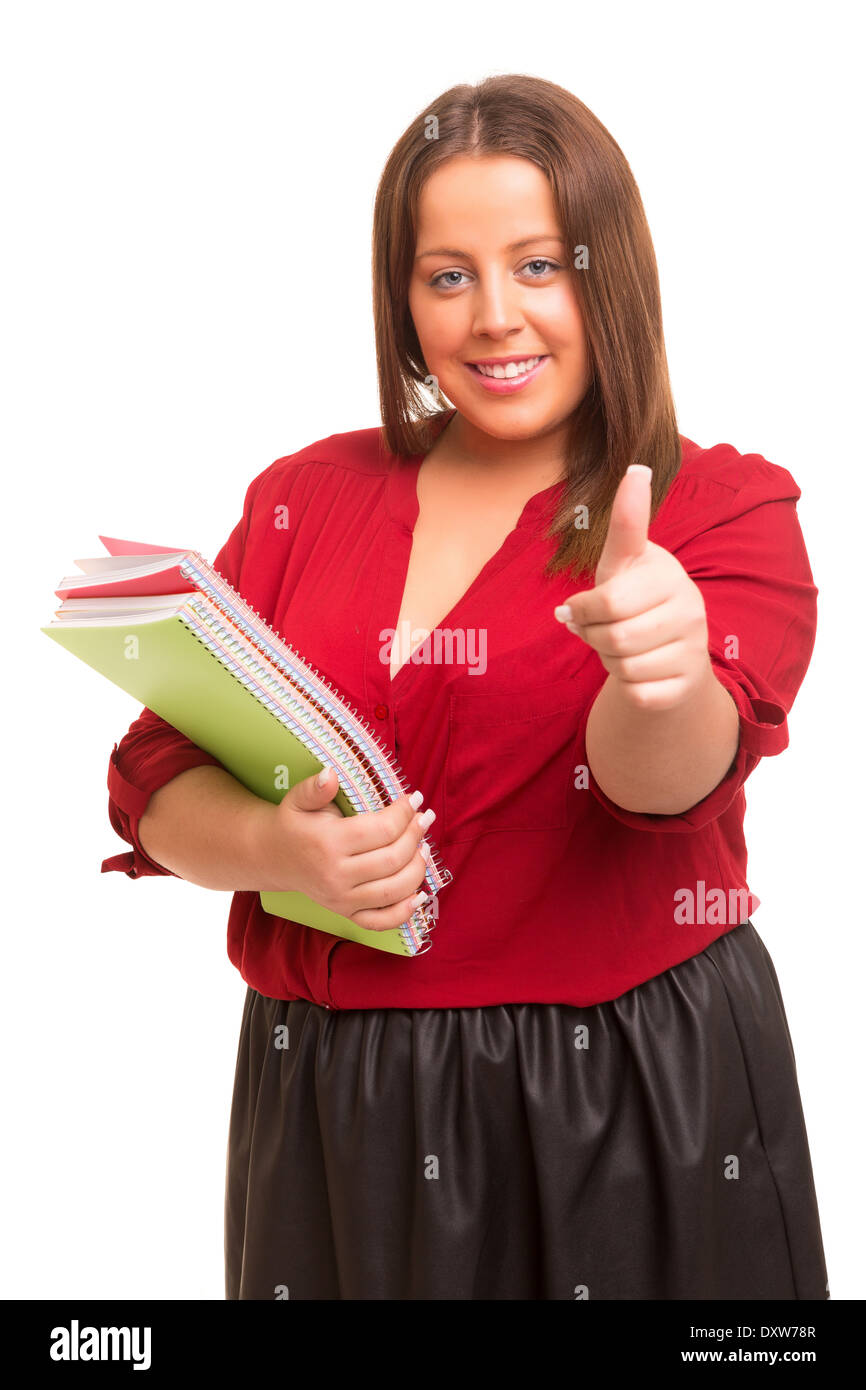 A beautiful large student woman, posing isolated over white background ...