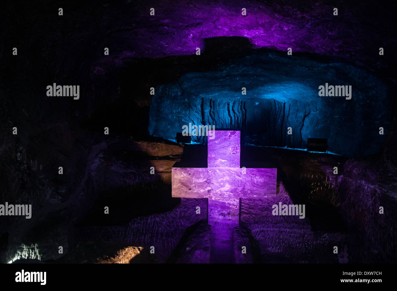 Large purple salt cross in salt cathedral in Colombia Stock Photo - Alamy