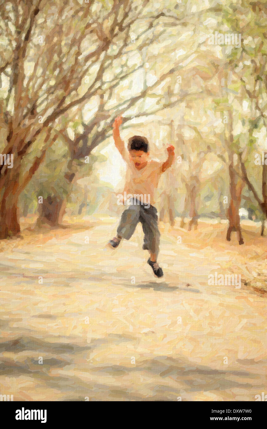 Boy jumping cheerful Stock Photo - Alamy