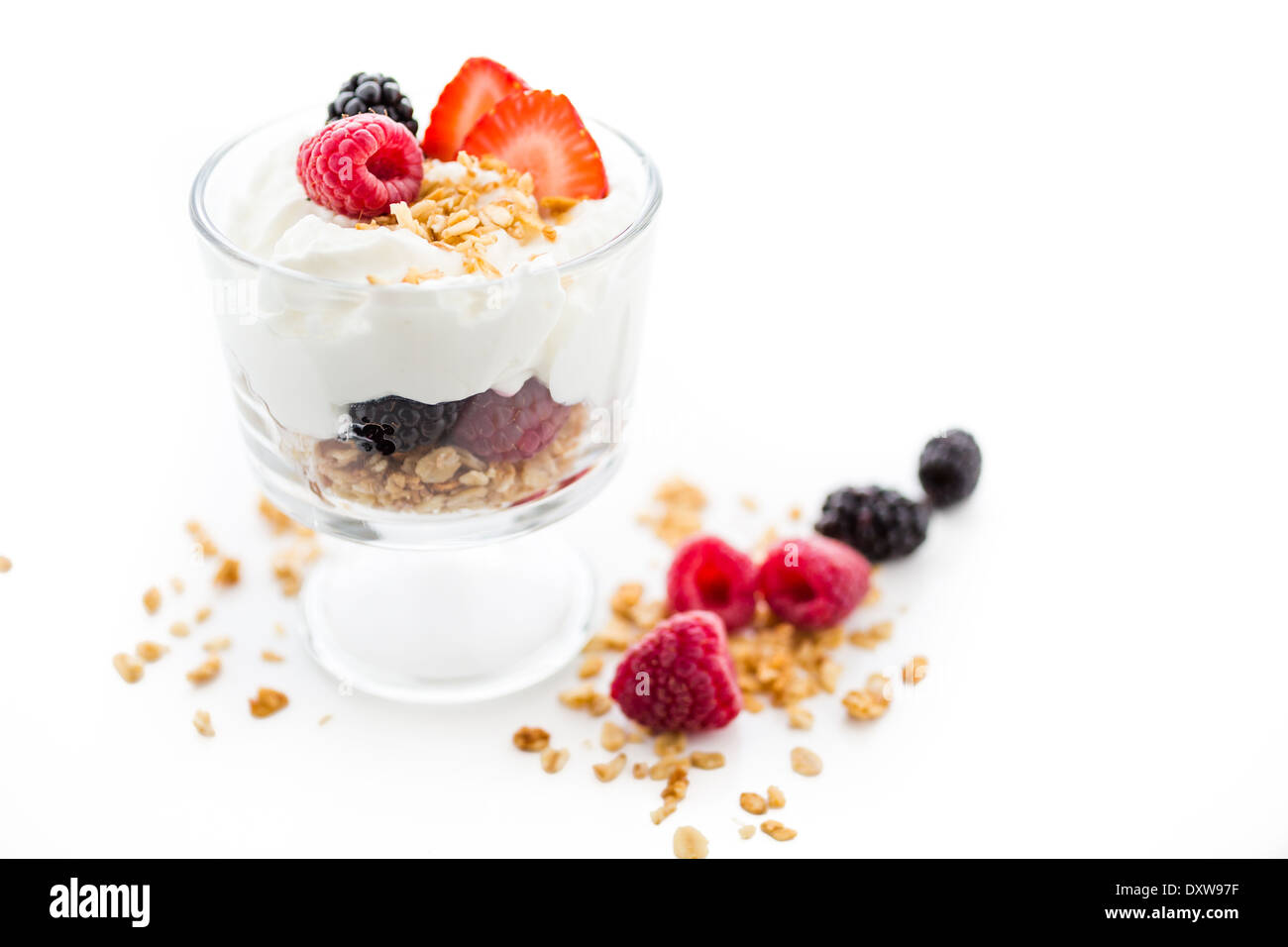 Breakfast parfait made from Greek yogurt and granola topped with fresh ...