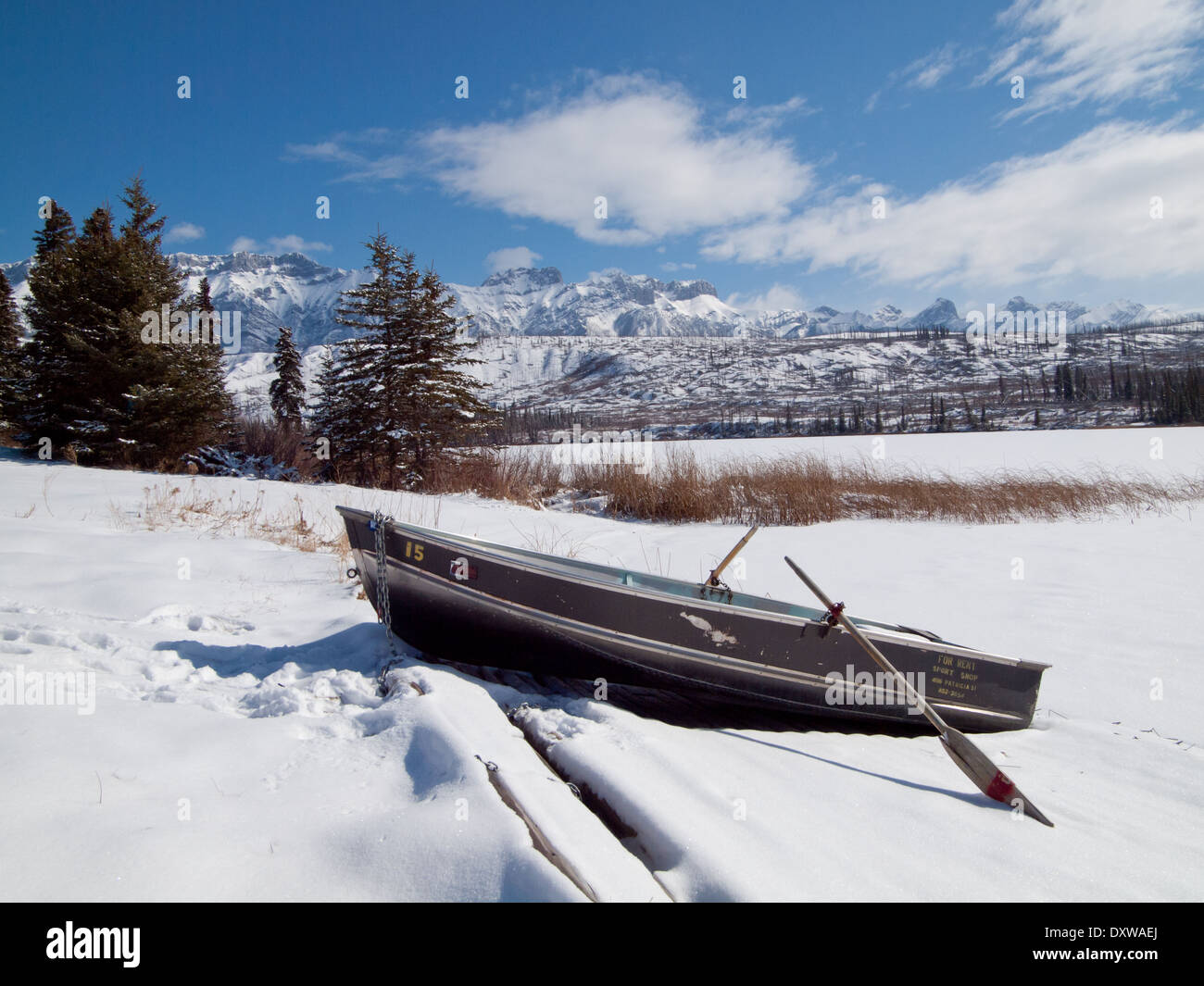 A view of frozen Talbot Lake in winter at Jasper National Park, Alberta ...