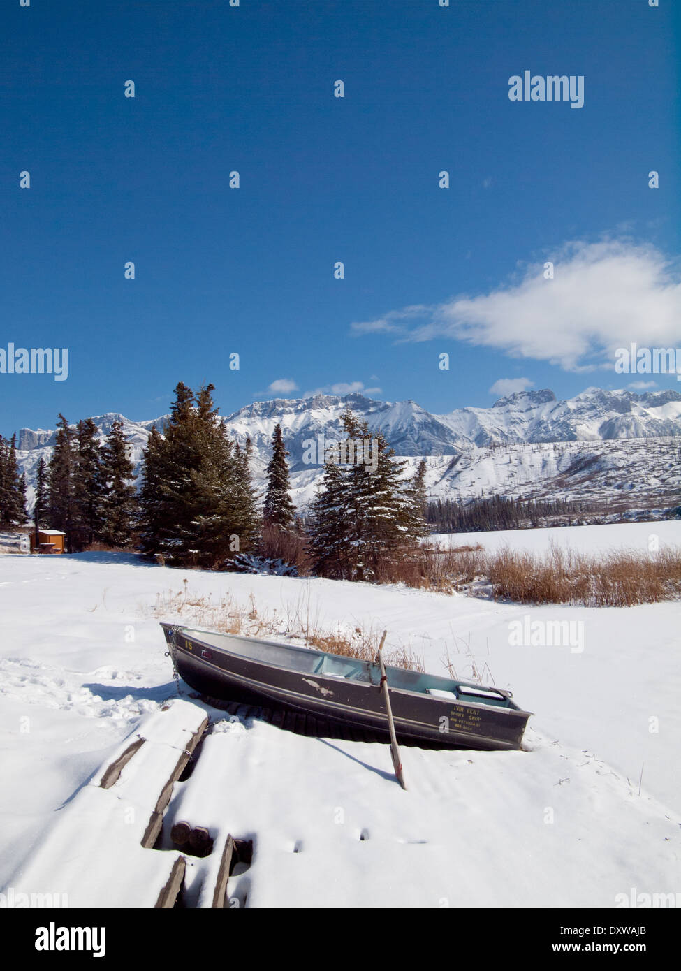 A view of frozen Talbot Lake in winter at Jasper National Park, Alberta ...