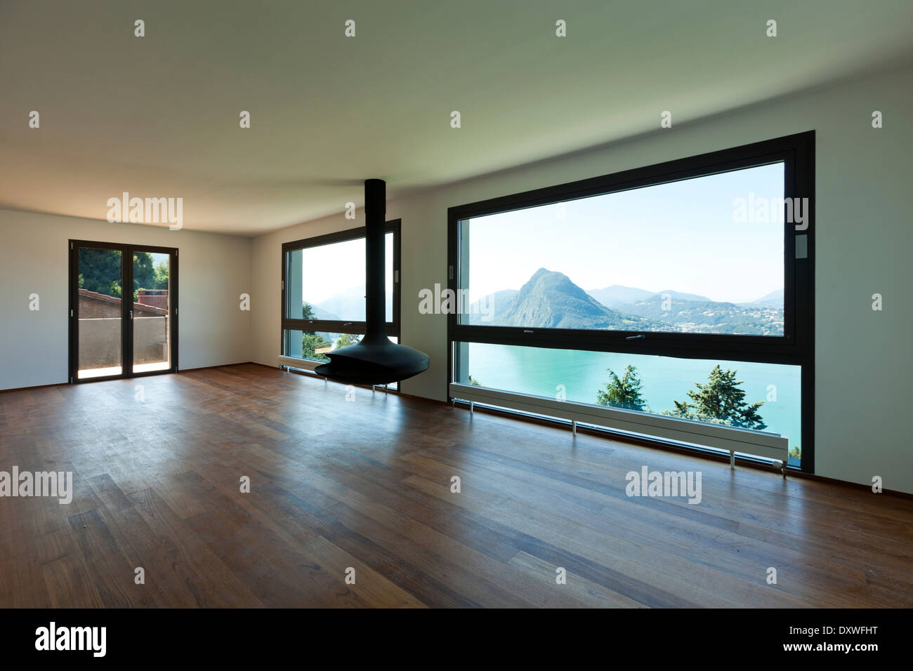 Modern apartment, large living room with panoramic view Stock Photo - Alamy