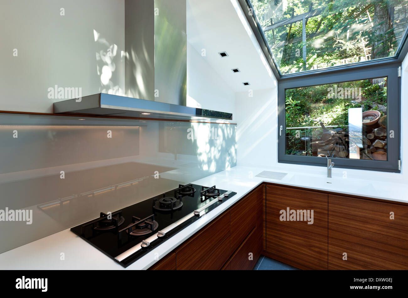 Modern empty apartment, kitchen with panoramic window Stock Photo - Alamy