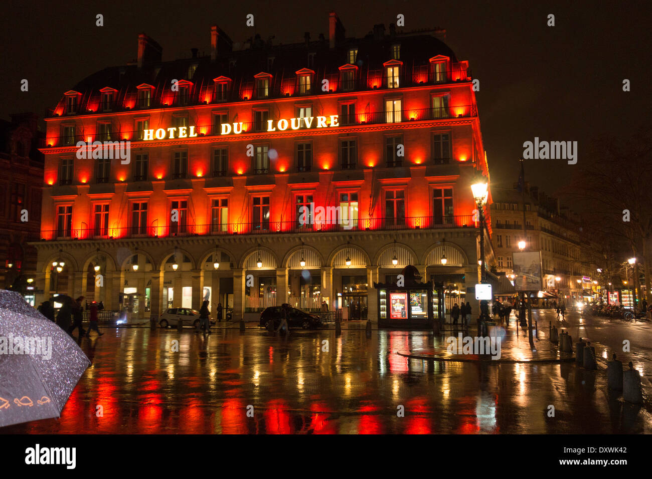 The exterior of the Hotel du Louvre at night, Paris, France Stock Photo ...