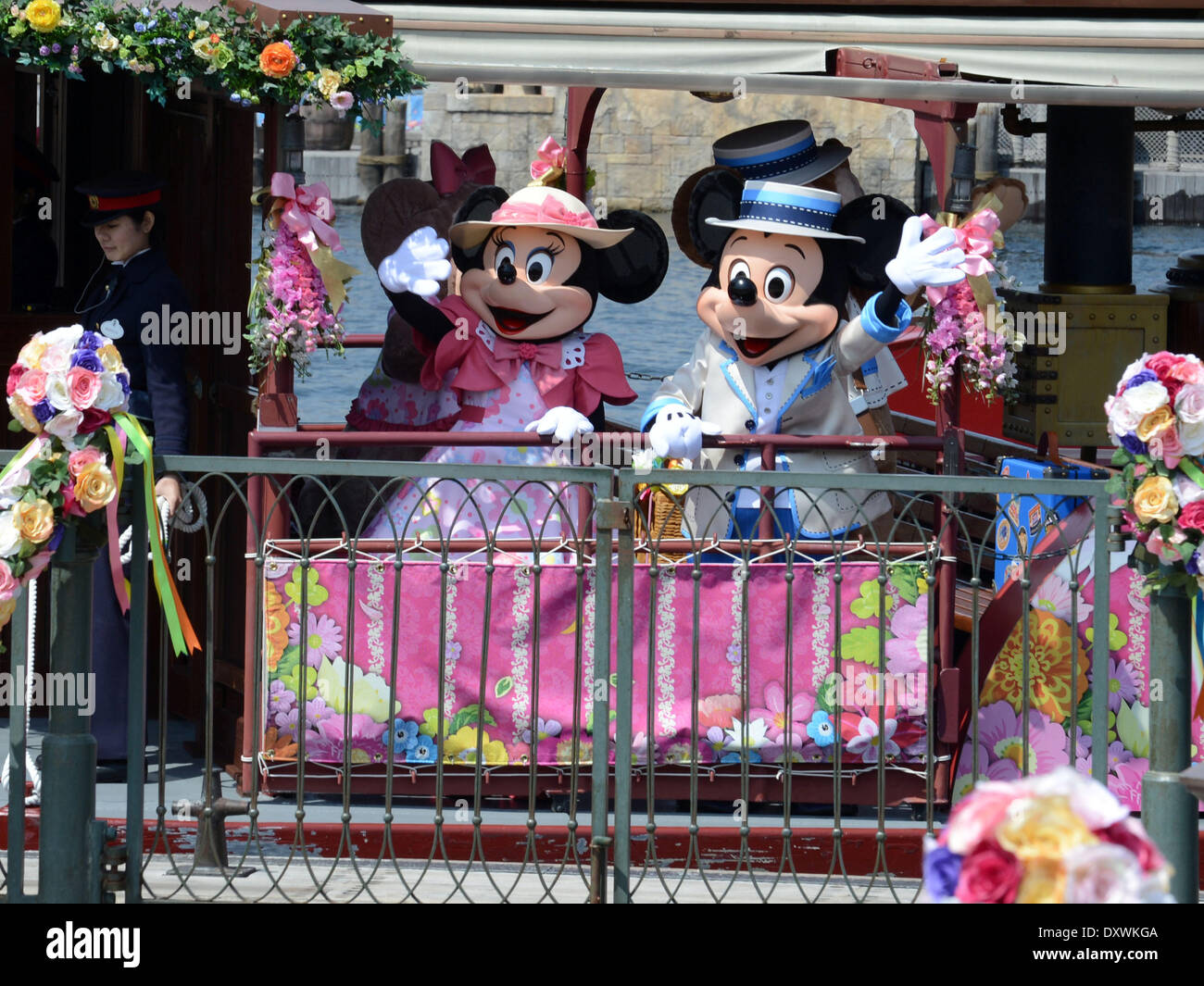 Tokyo, Japan. 1st Apr, 2014. Disney characters are seen on a float in a ...