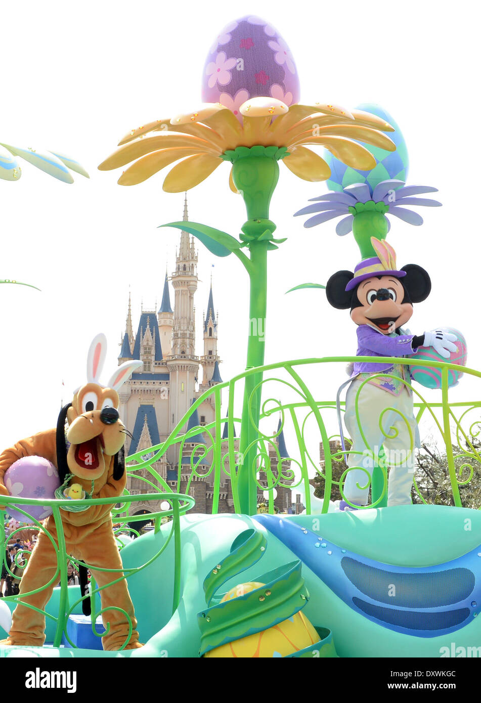 Tokyo, Japan. 1st Apr, 2014. Disney characters are seen on a float in a ...