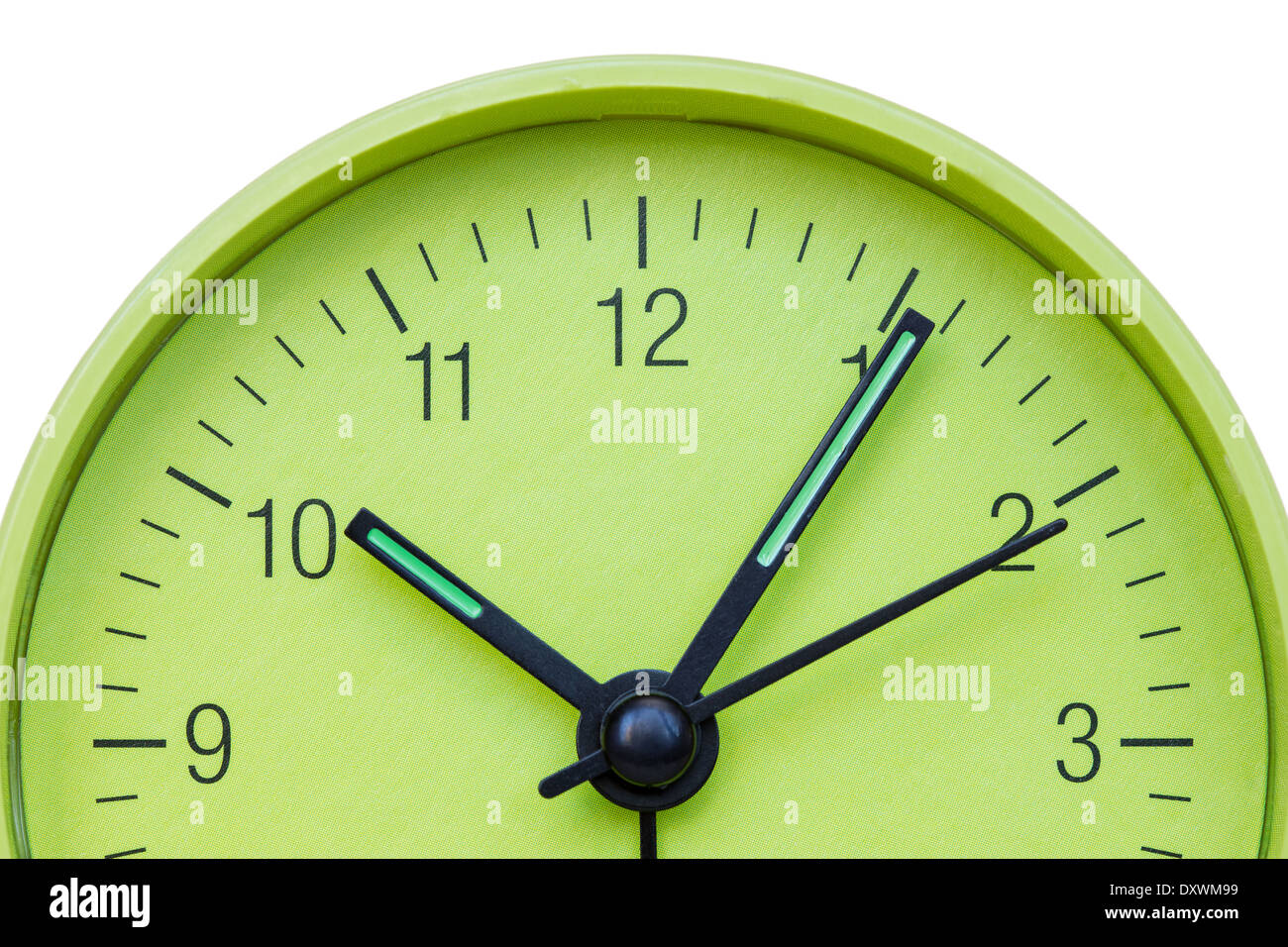 Closeup of hands on green clock face over a white background Stock ...