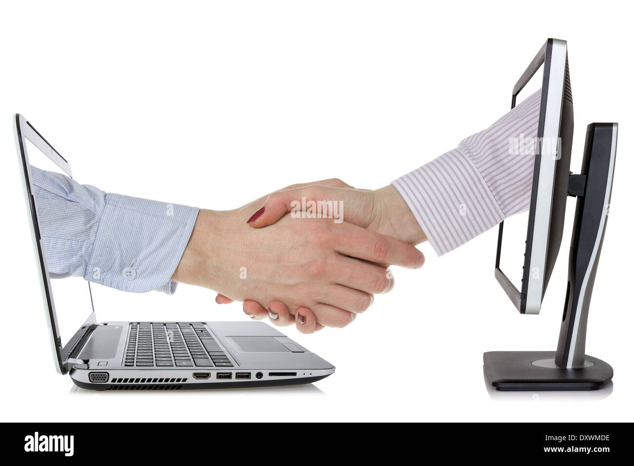 Two computers and hands in handshaking, internet working concept ...