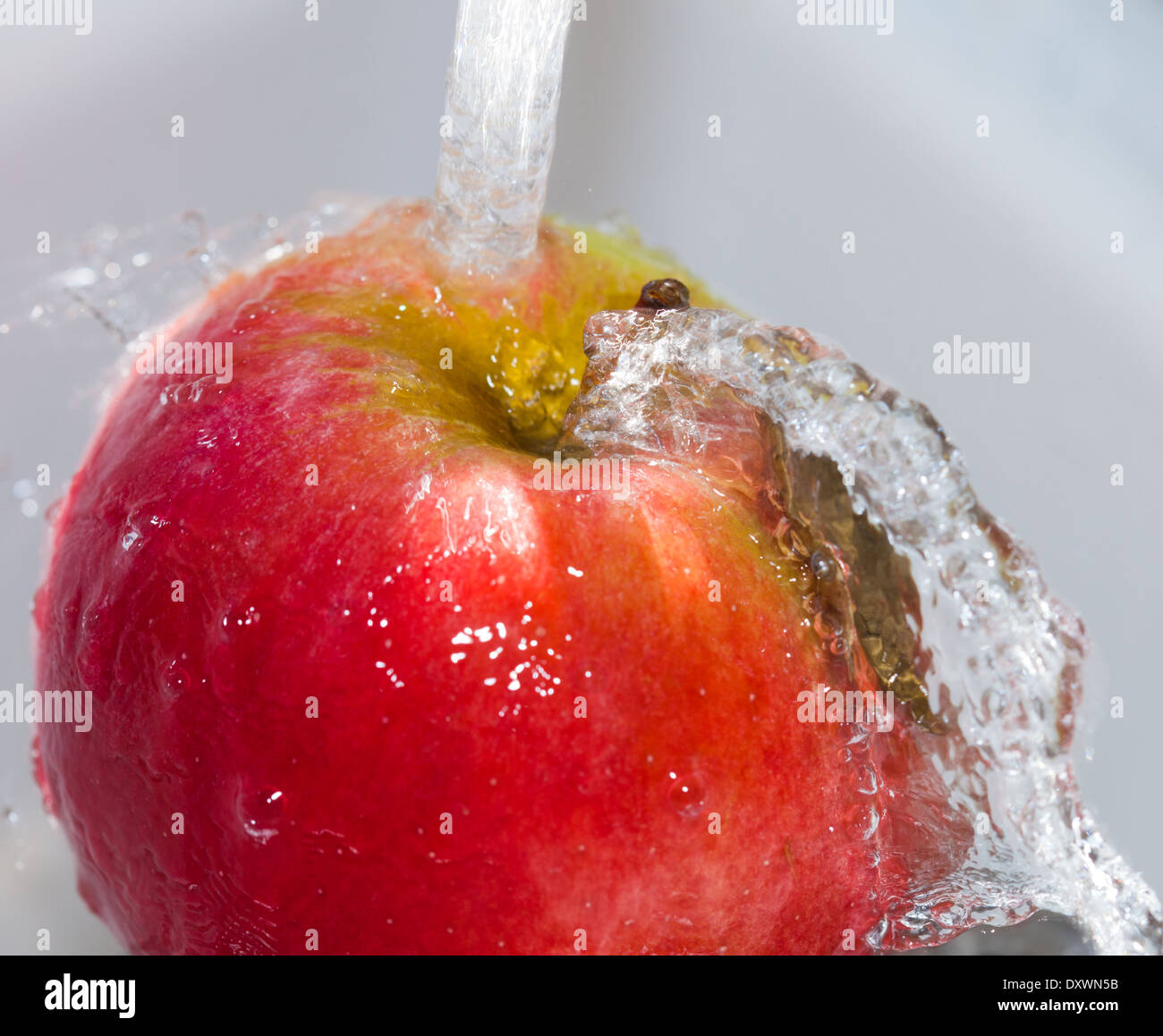 washing apple - red apple being washed under a jet of water, frozen ...