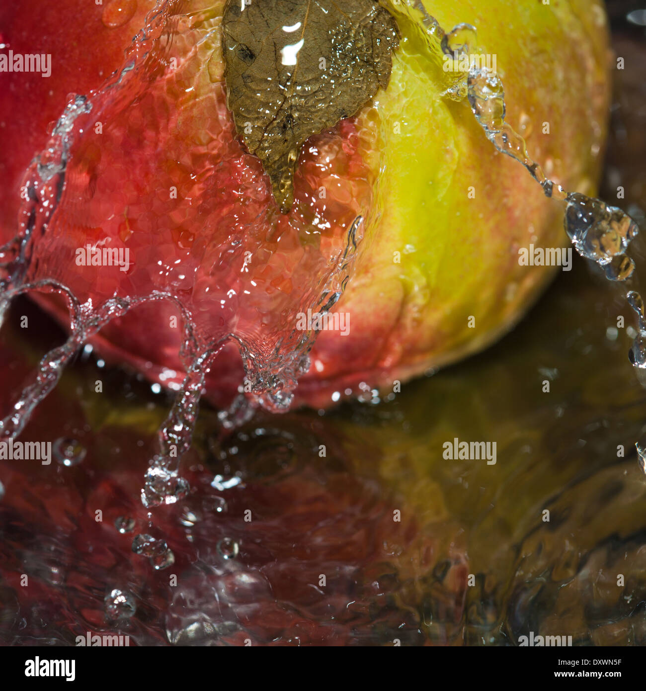 washing apple - red apple being washed under a jet of water, frozen ...
