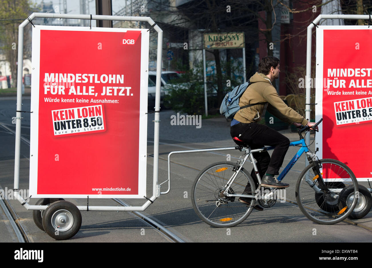 Berlin, Germany. 01st Apr, 2014. Union employees cycle with mobile ...