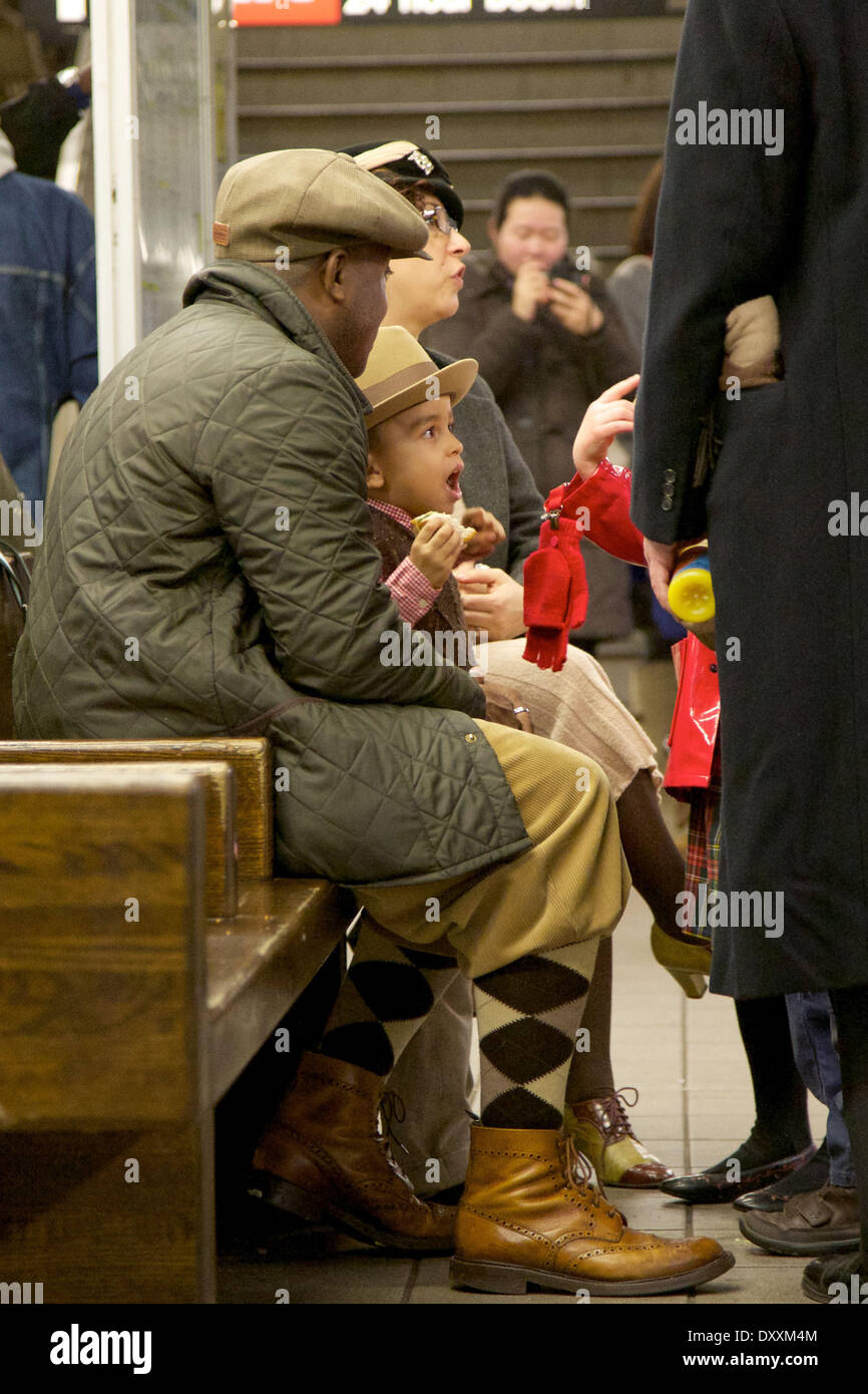 Stylish New Yorkers have nostalgic fun on a vintage MTA subway train Featuring: Stylish New ...