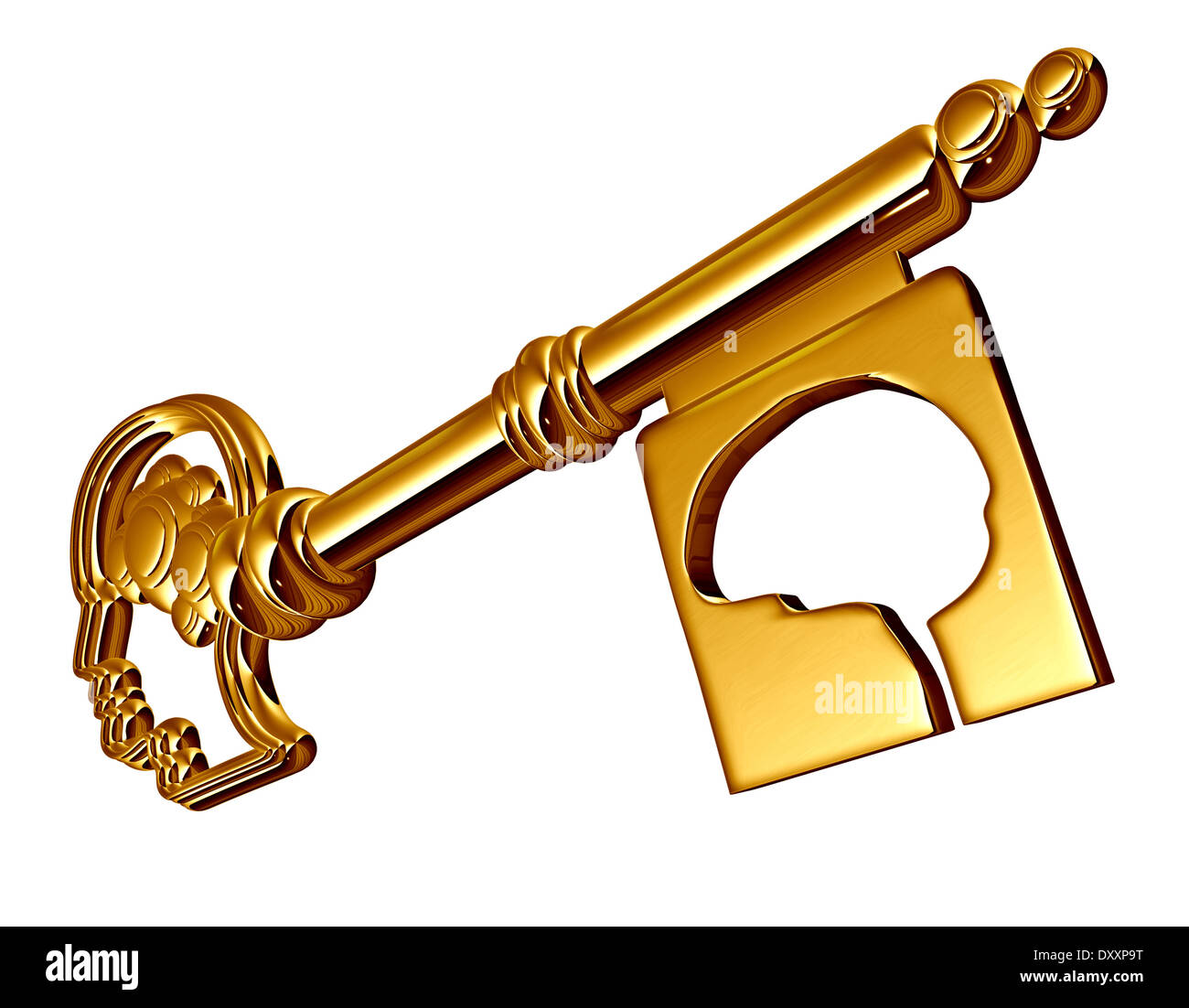 Autism concept as a gold chrome key shaped as a human head and brain as ...