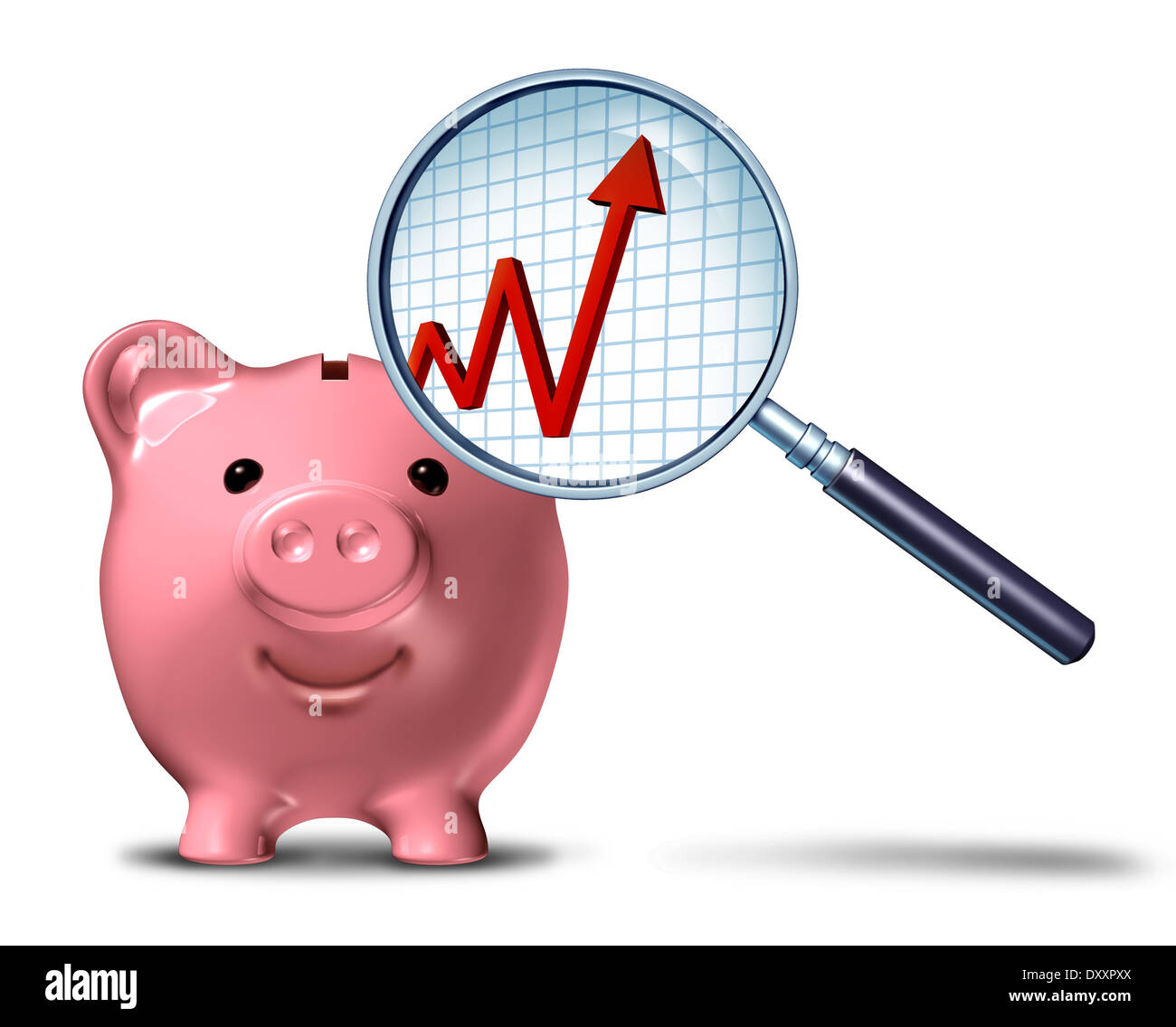 Savings growth chart business symbol as a piggy bank with a magnifying ...