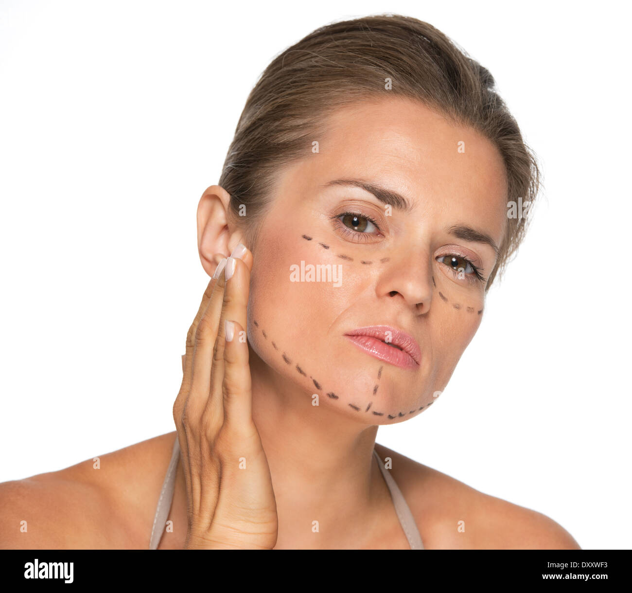 Portrait of concerned young woman with plastic surgery marks Stock ...