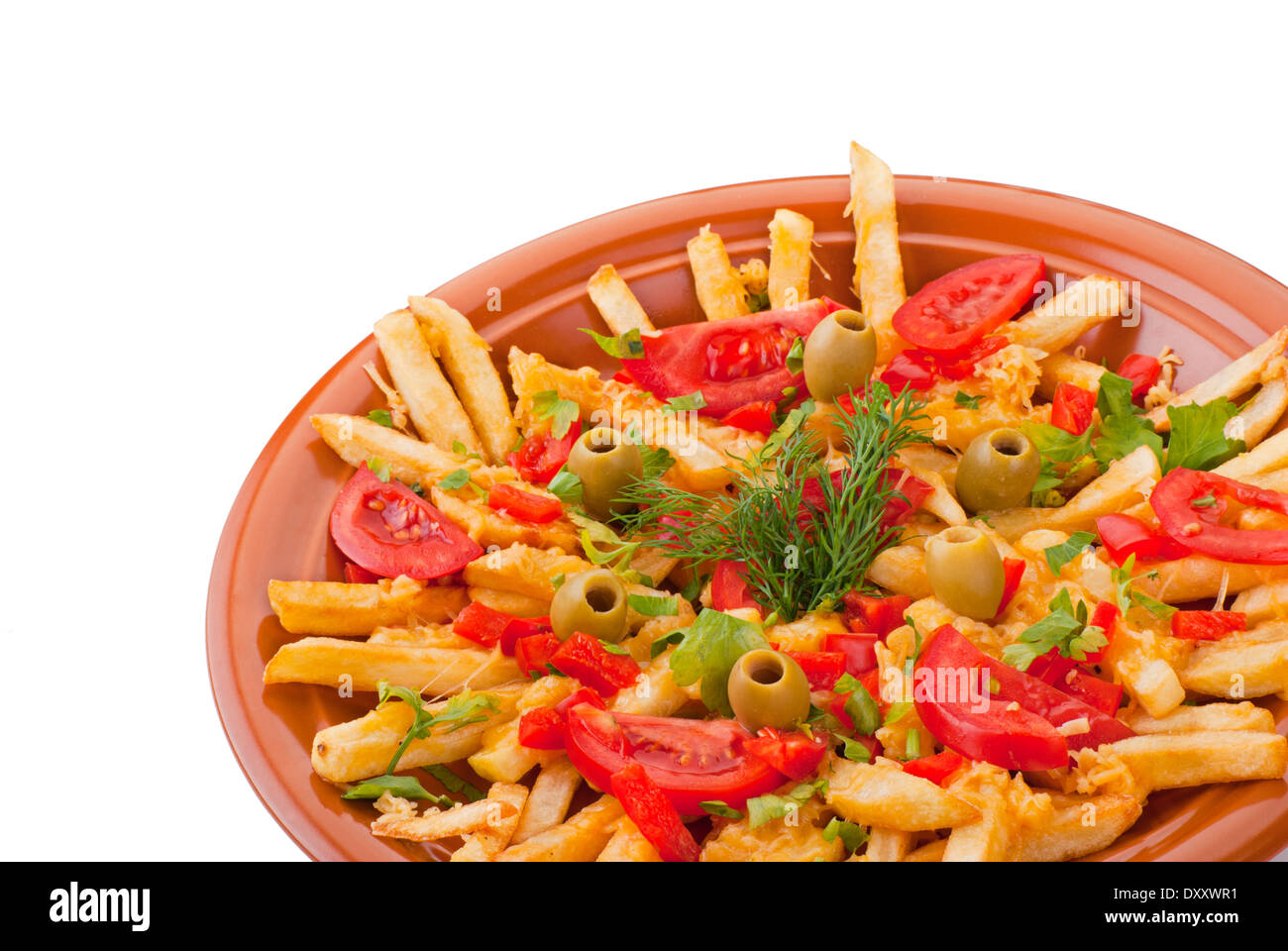 golden French fries potatoes with tomato and olive on white background ...