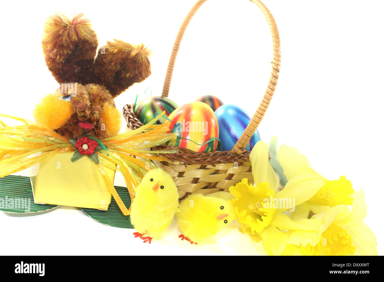 Easter Basket with chick and bunny on a light background Stock Photo ...