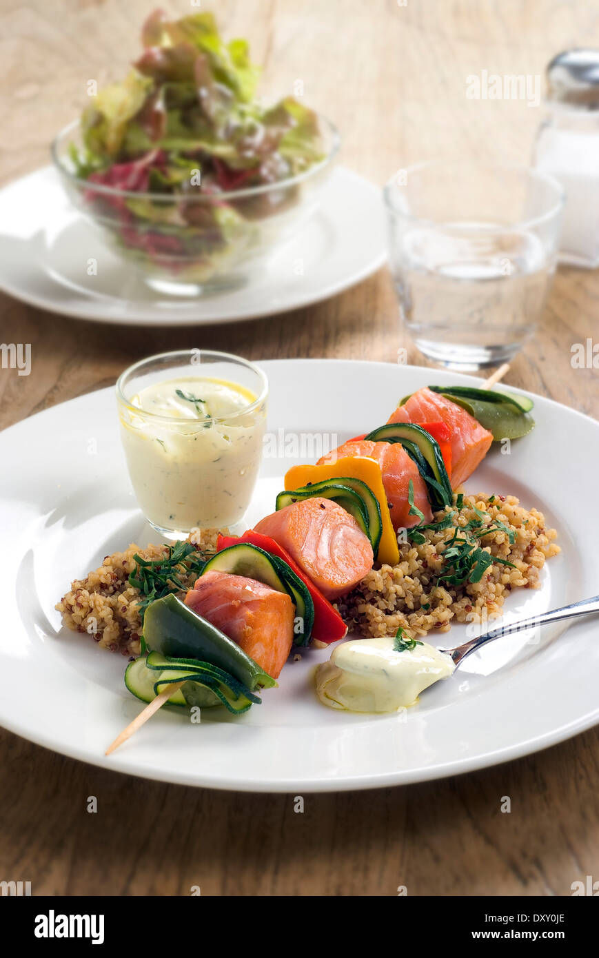 Salmon and vegetable brochette Stock Photo - Alamy