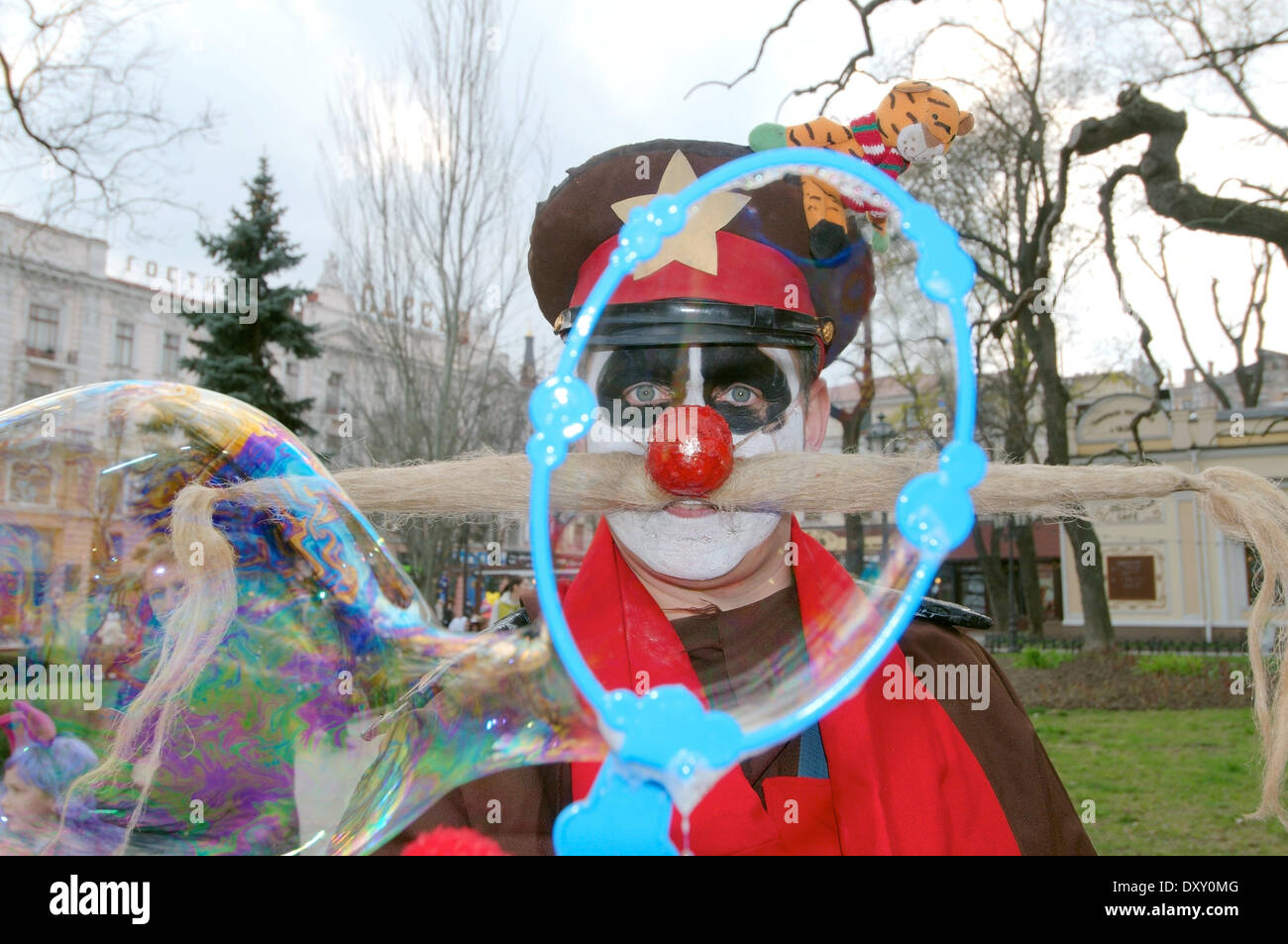 Odessa, Ukraine. 1st April 2014. April 01, 2014. clown blow soap bubble ...