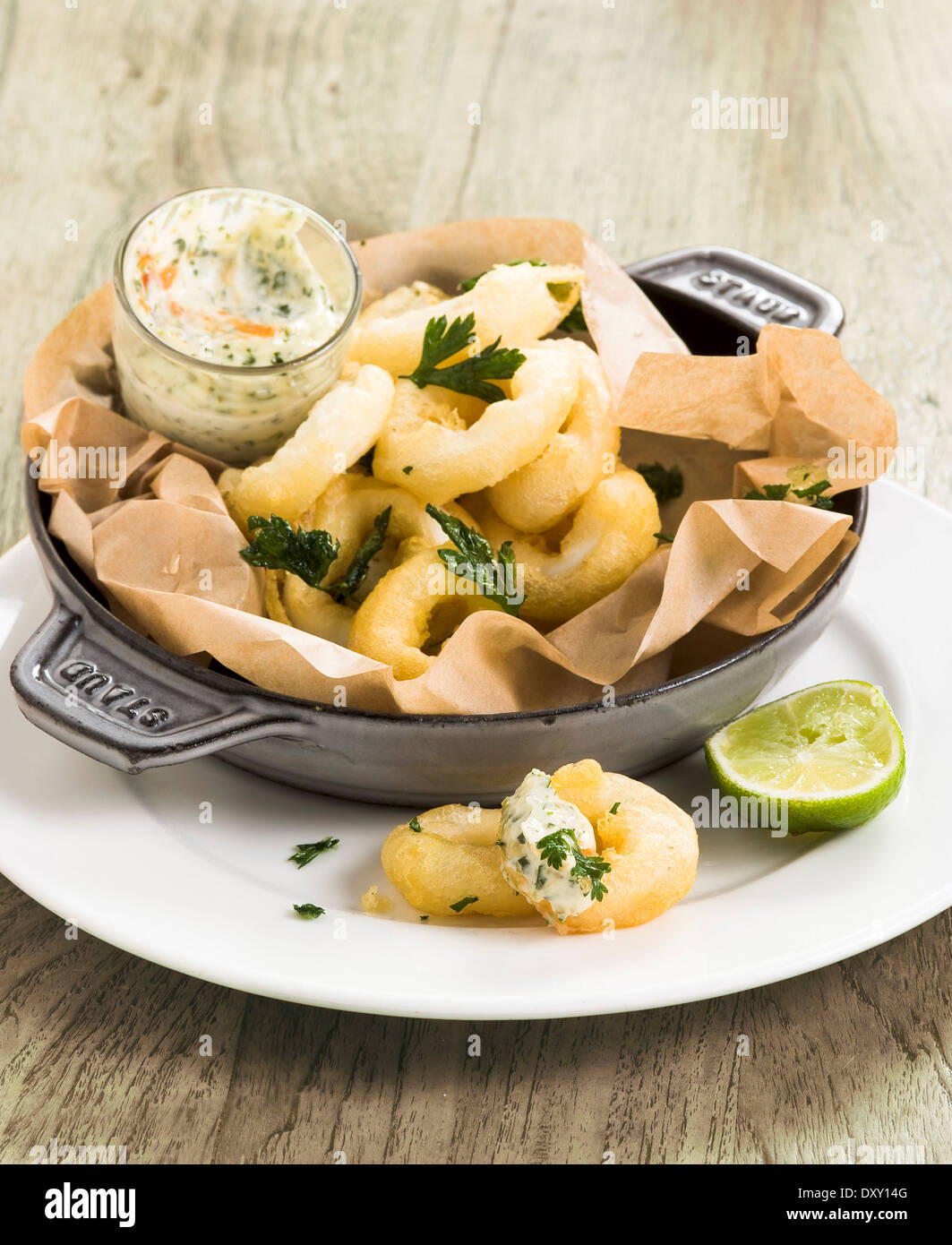 Fried calamar rings ,Aïoli sauce Stock Photo - Alamy