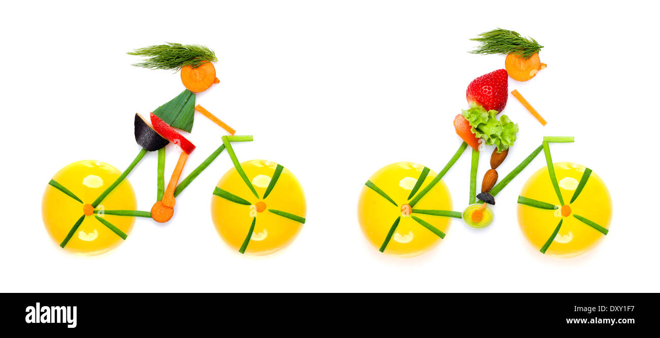 Fruits and vegetables in the shape of young cyclists riding bikes Stock ...
