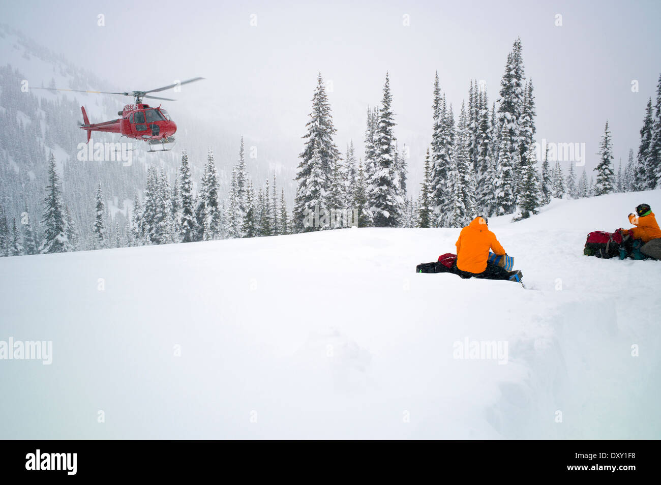 Helicopter landing with back country skiers at remote North Cascade ...