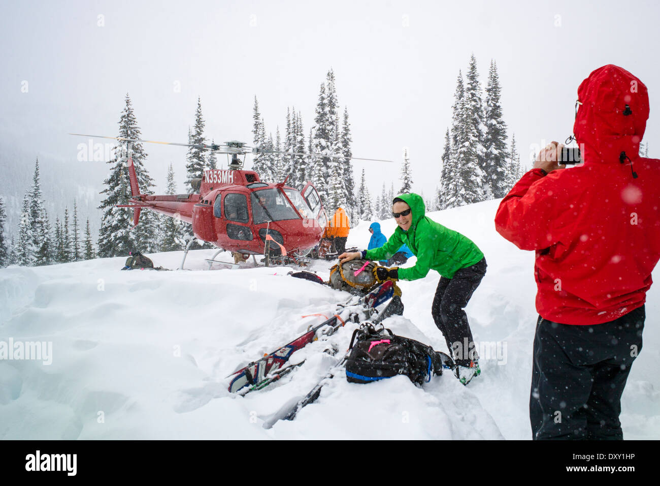 Helicopter landing with back country skiers at remote North Cascade ...