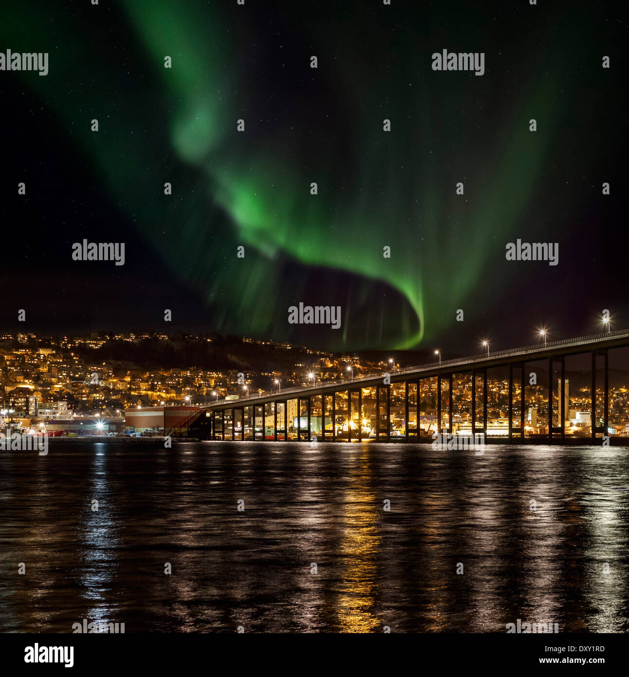 City of Tromso aurora borealis northern lights moving across night sky ...