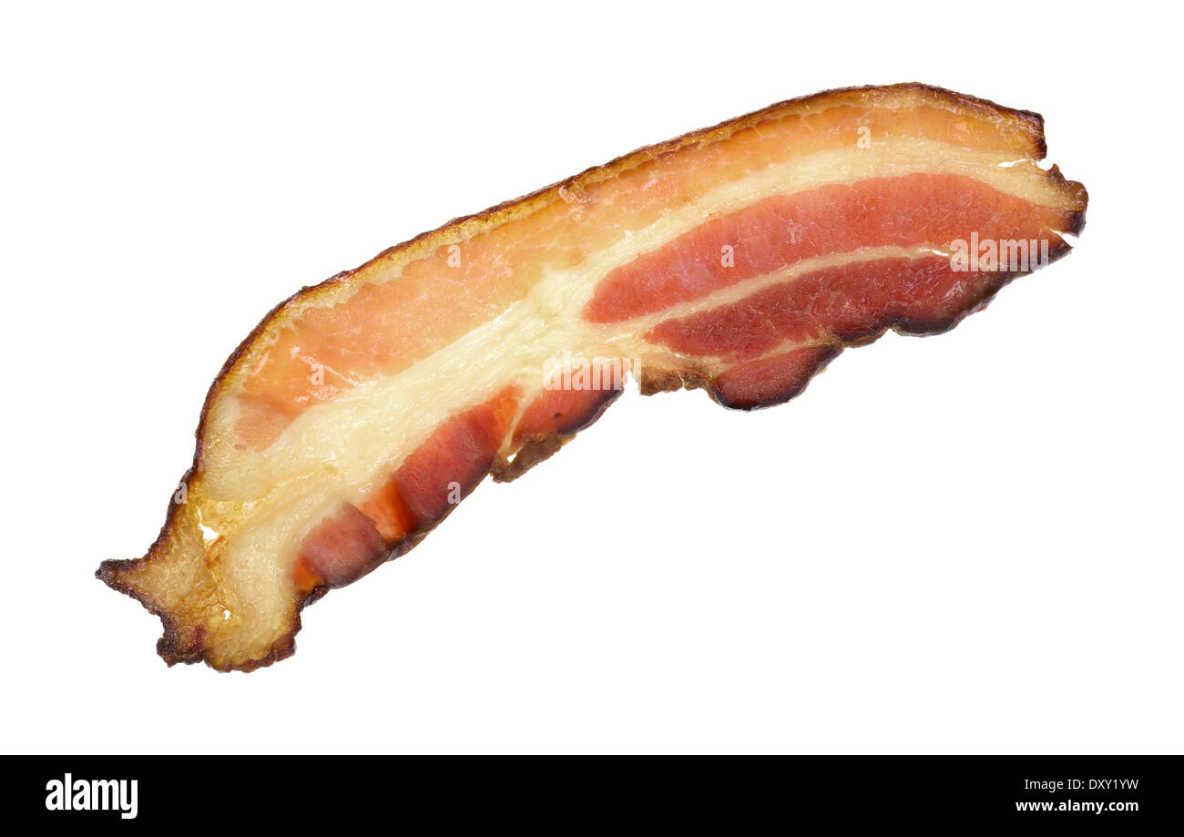 Single piece of fried smoked thick sliced bacon on a white background ...