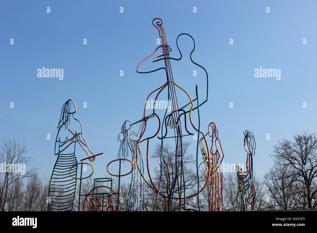Funky sculpture of jazz musicians on the roof of the "Jazz Dock" club ...