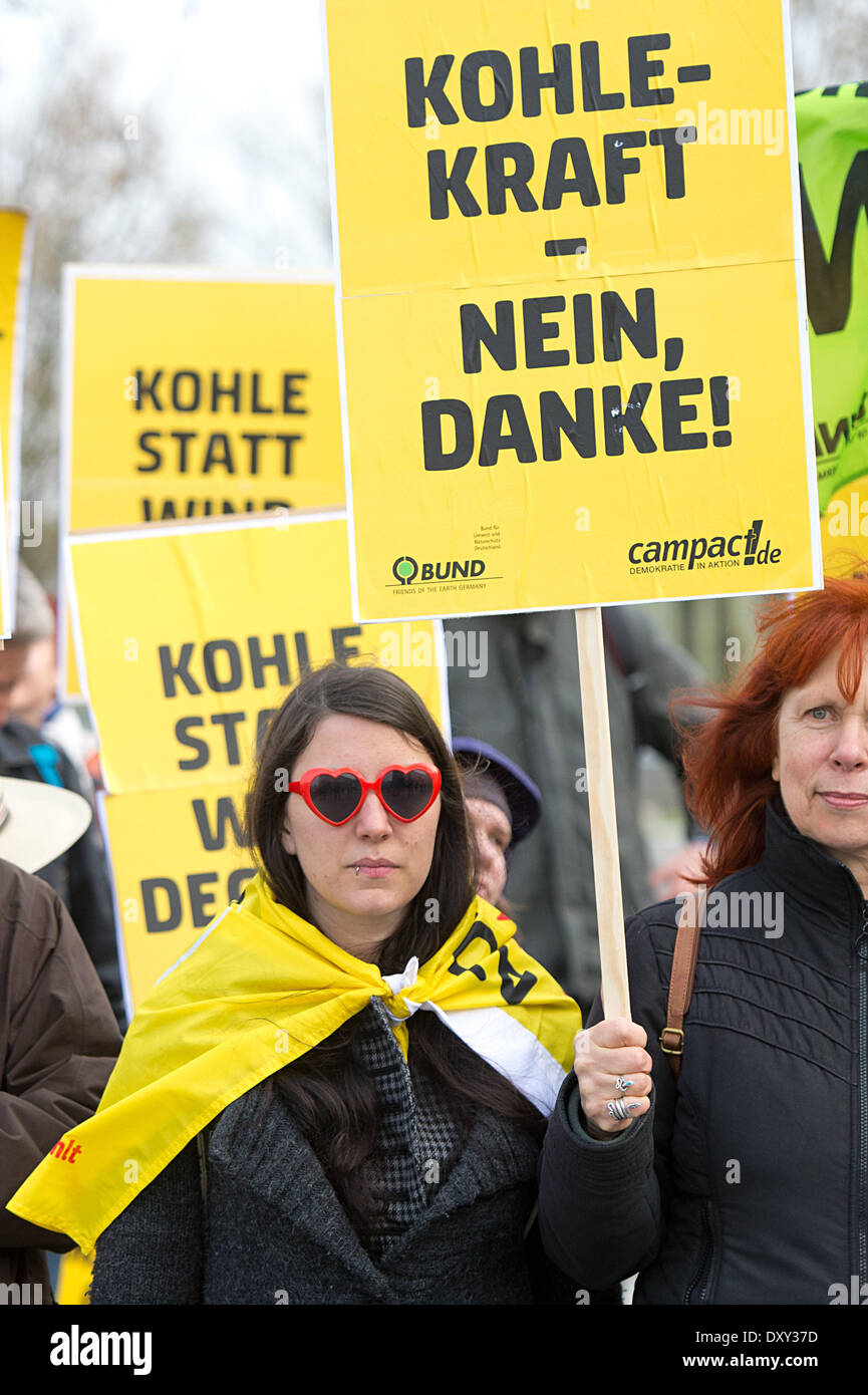 Activists of Campact and BUND protest with signs reading 'Coal Power ...
