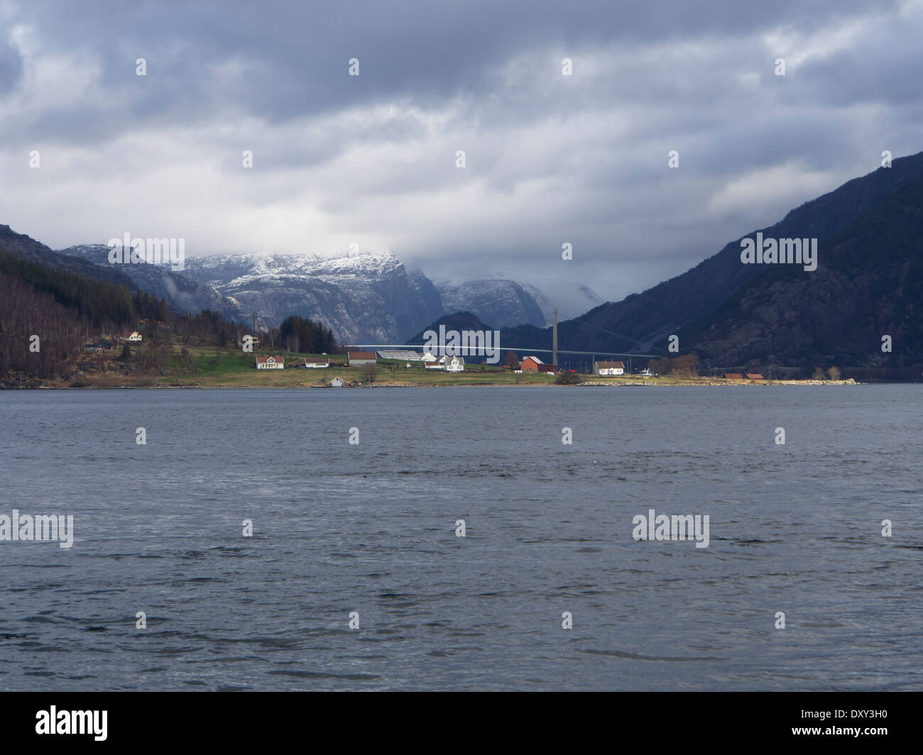 Mountains above Lysefjorden with the new bridge seen from Lauvvik ferry ...