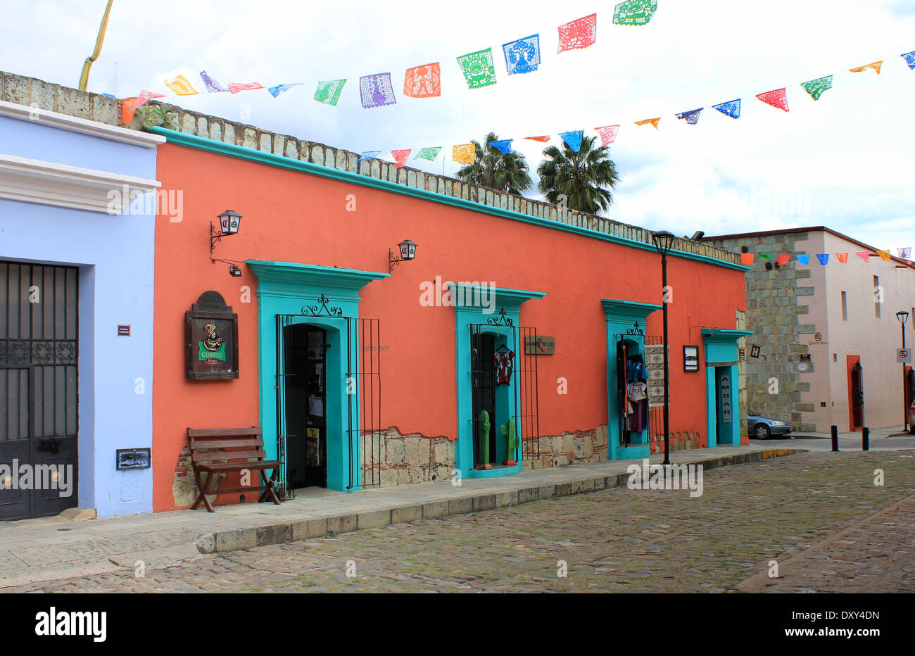 Colourful houses lining a cobbled street in Oaxaca, Mexico Stock Photo ...