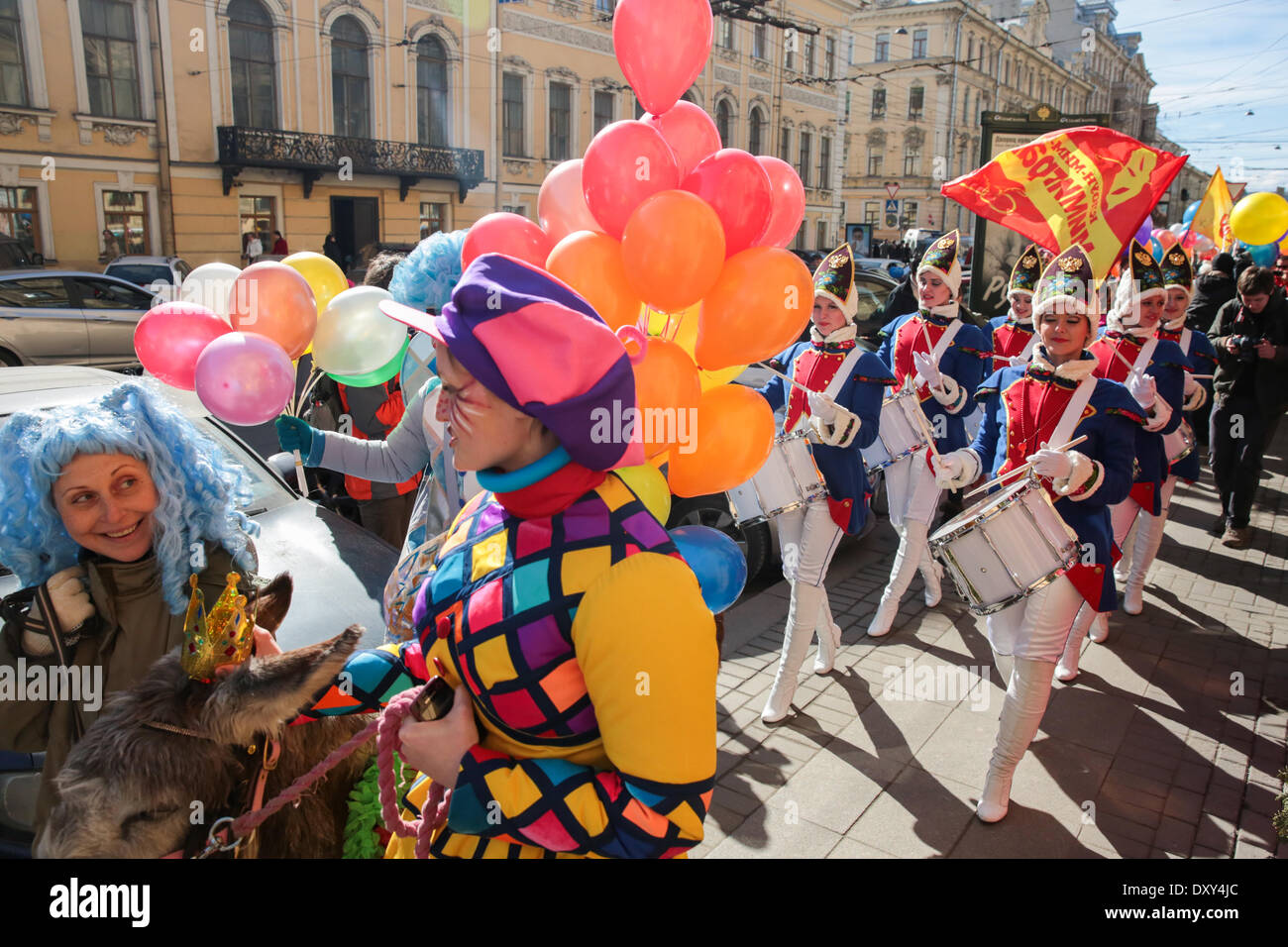 Saint Petersburg, Russia - April 1, 2014: Drummers and clowns march in ...