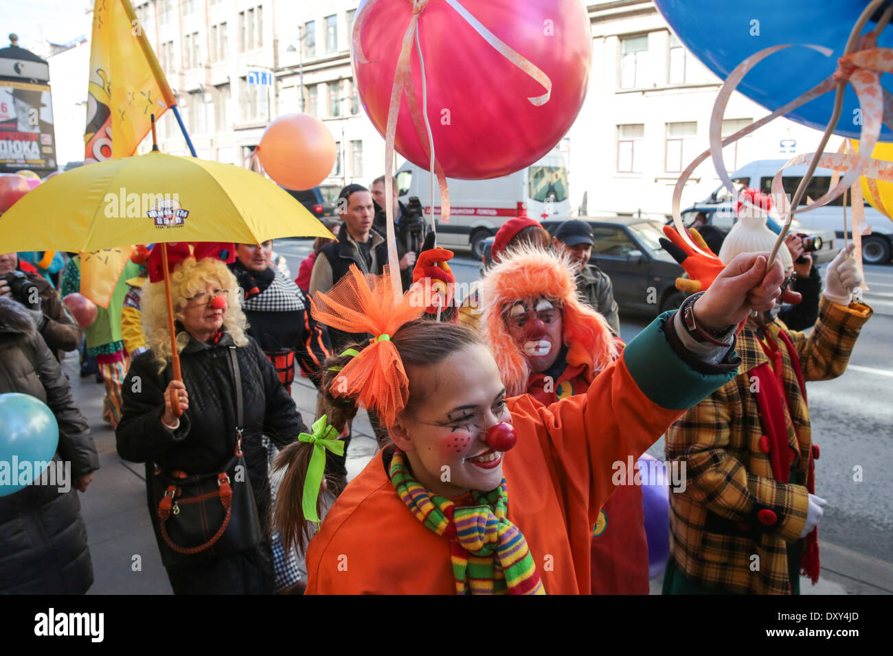 Saint Petersburg, Russia - April 1, 2014: Clowns with balloons and ...