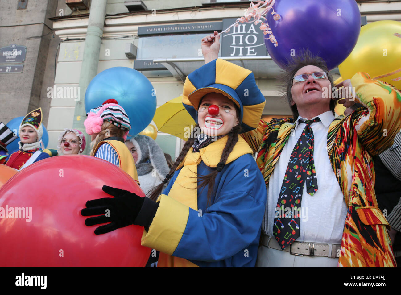 Saint Petersburg, Russia - April 1, 2014: Clowns with balloons pose on ...
