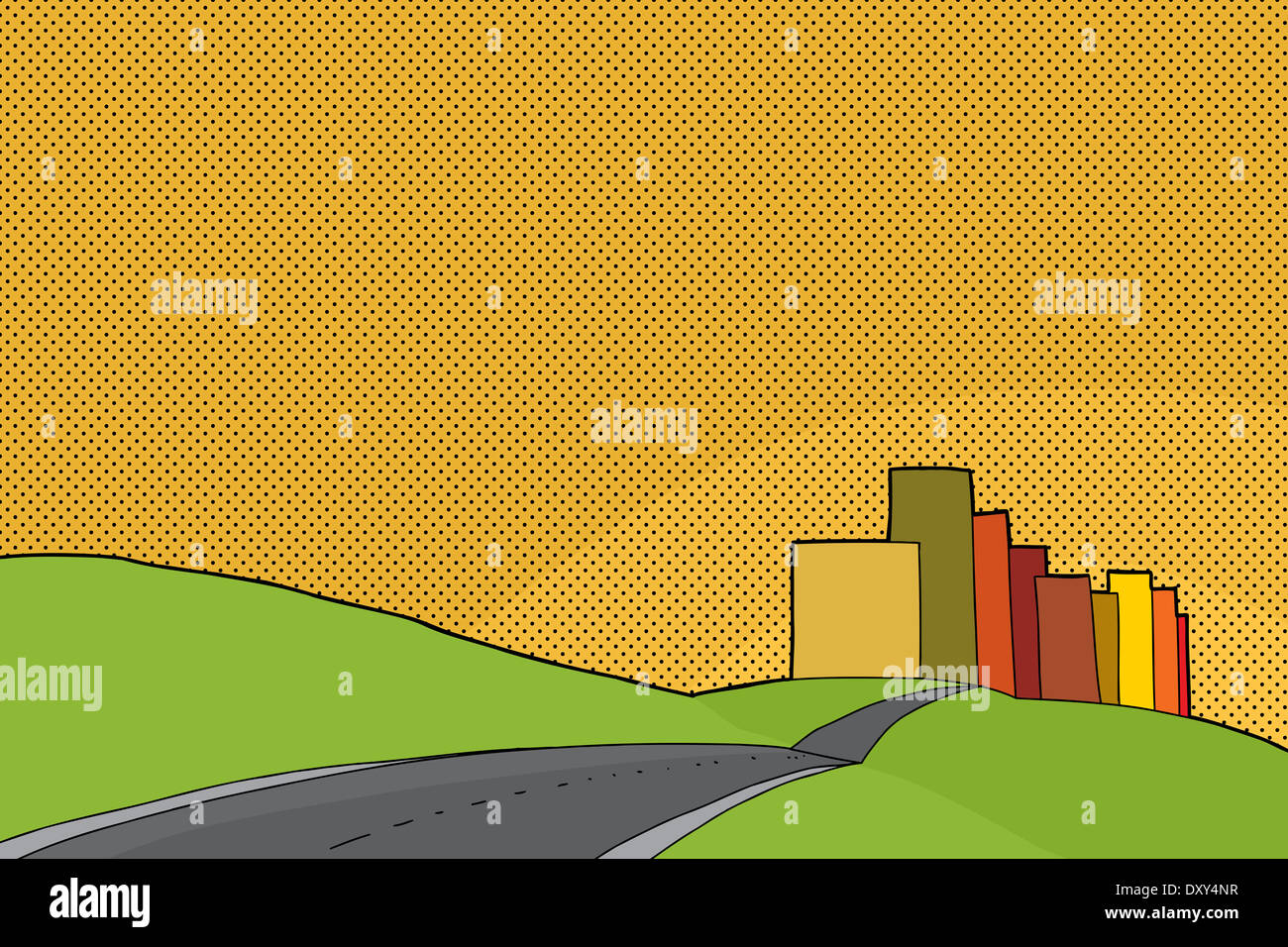 Cartoon of city limits with hills and sunset Stock Photo - Alamy