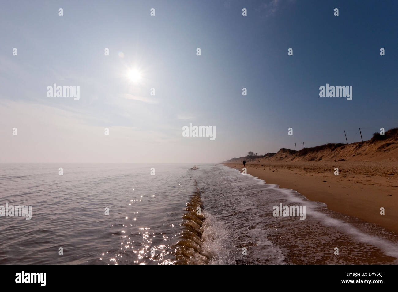 Norfolk beach sandy sunny sand sun sea waves Hemsby England UK Stock ...