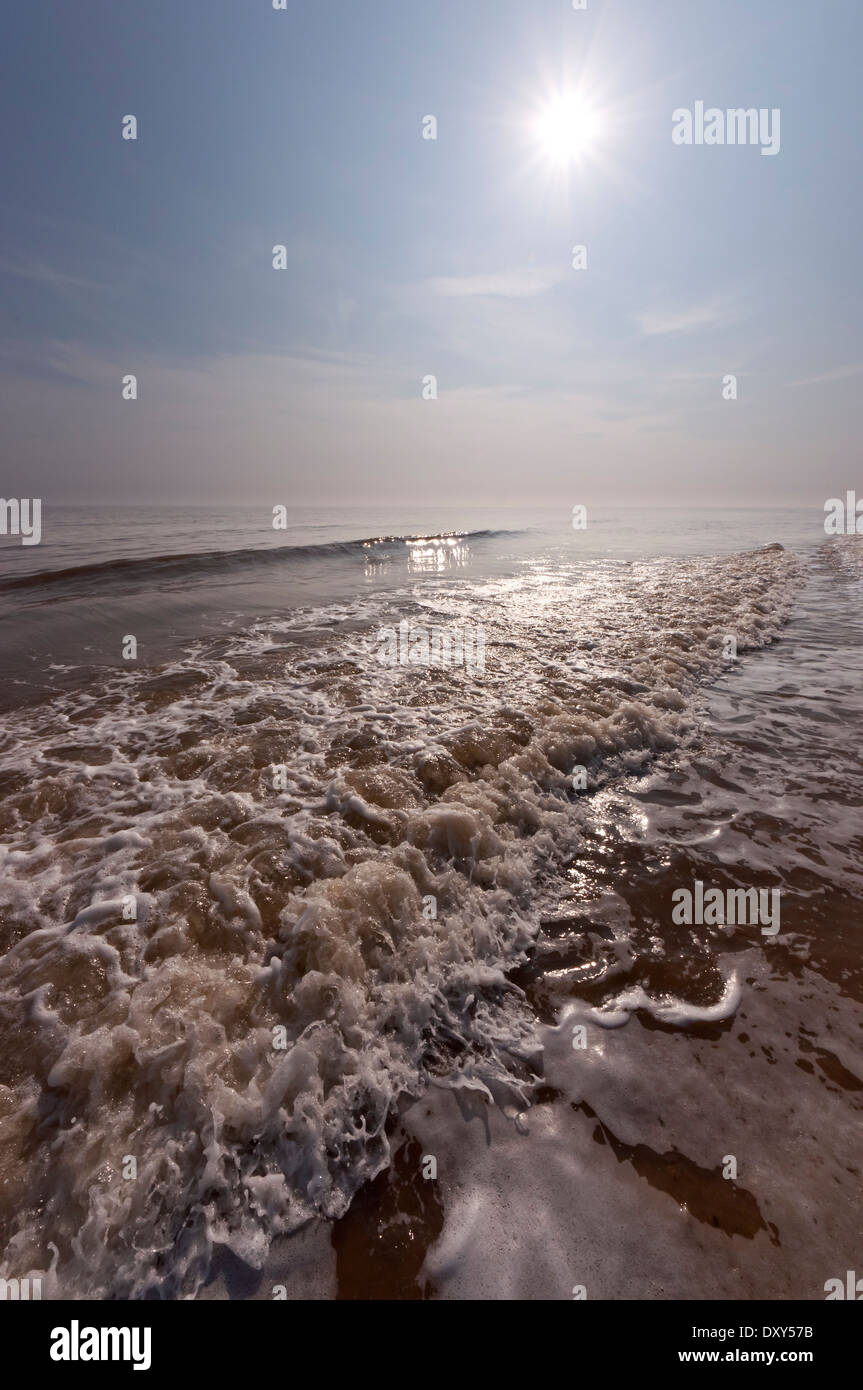 Norfolk beach sandy sunny sand sun sea waves Hemsby England UK Stock ...